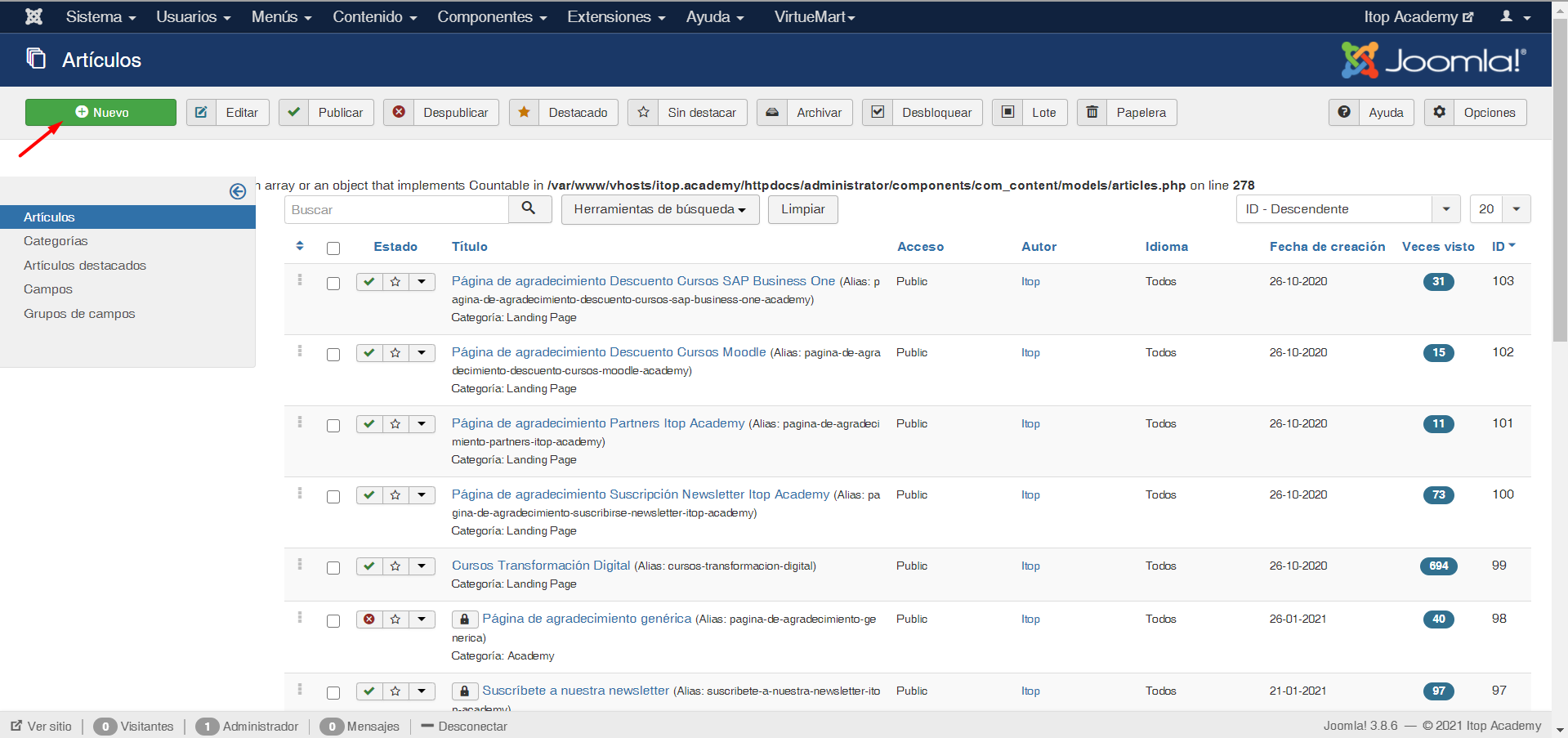¿Cómo crear un artículo en Joomla?